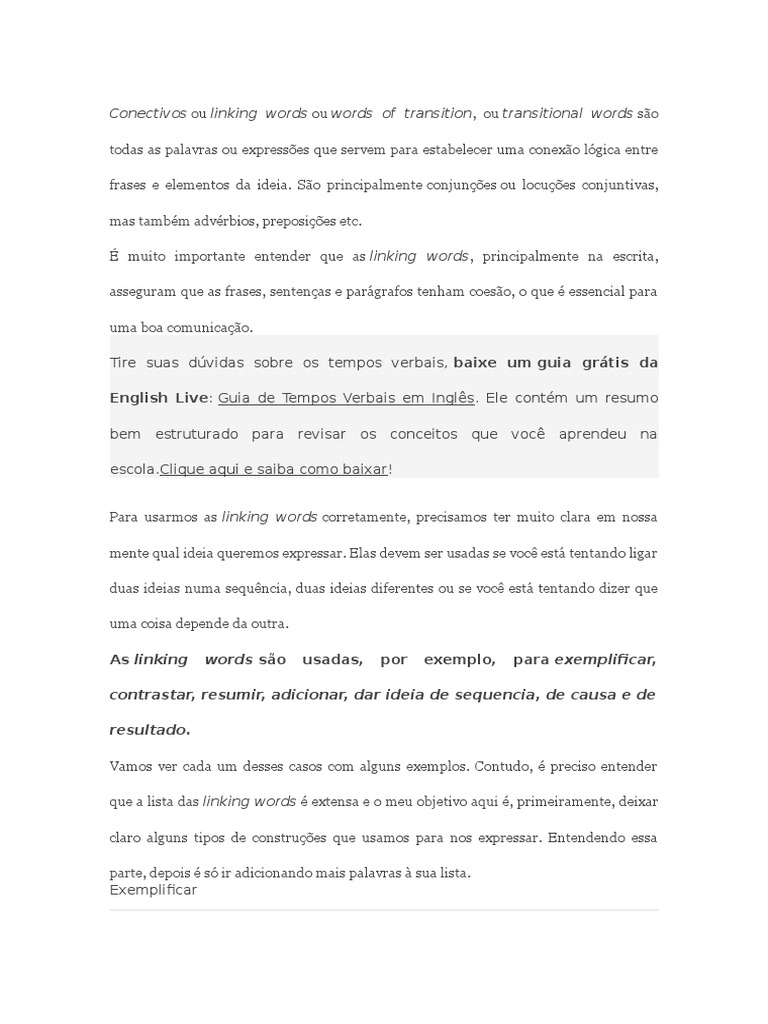 Conectores em Inglês: Guia Prático | PDF | Tempo gramatical | Gramática