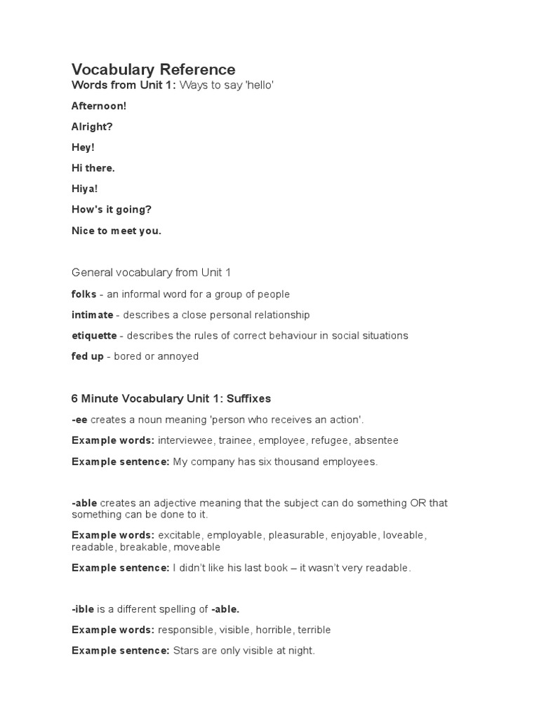 Vocabulary Reference Unit 1 | PDF | Language Arts & Discipline