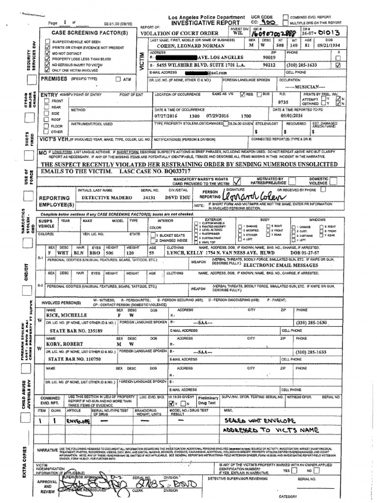 LAPD Investigative Report 9-1-2016 People vs Kelley Lynch From ...