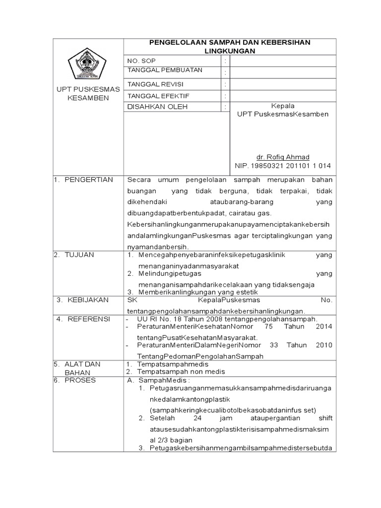Sop Pengolahan Sampah Dan Kebersihan Lingkungan | PDF