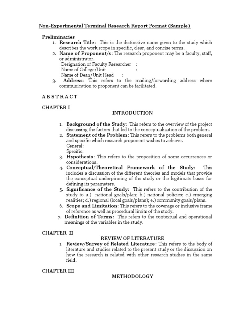 Non-Experimental Terminal Research Report Format (Sample) Preliminaries ...