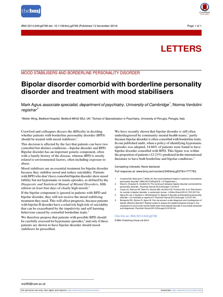 Letters: Bipolar Disorder Comorbid With Borderline Personality Disorder ...