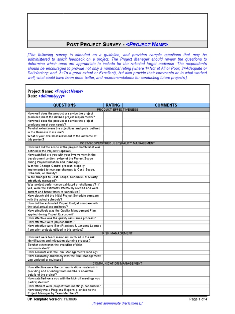 Lessons Learned Post Project Survey | PDF | Survey Methodology | Risk ...