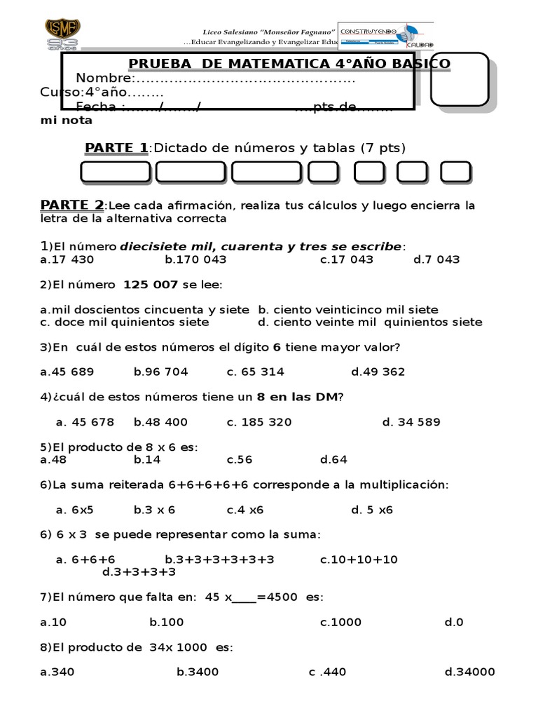 Prueba de Matematica 4 | PDF | Multiplicación | Notación