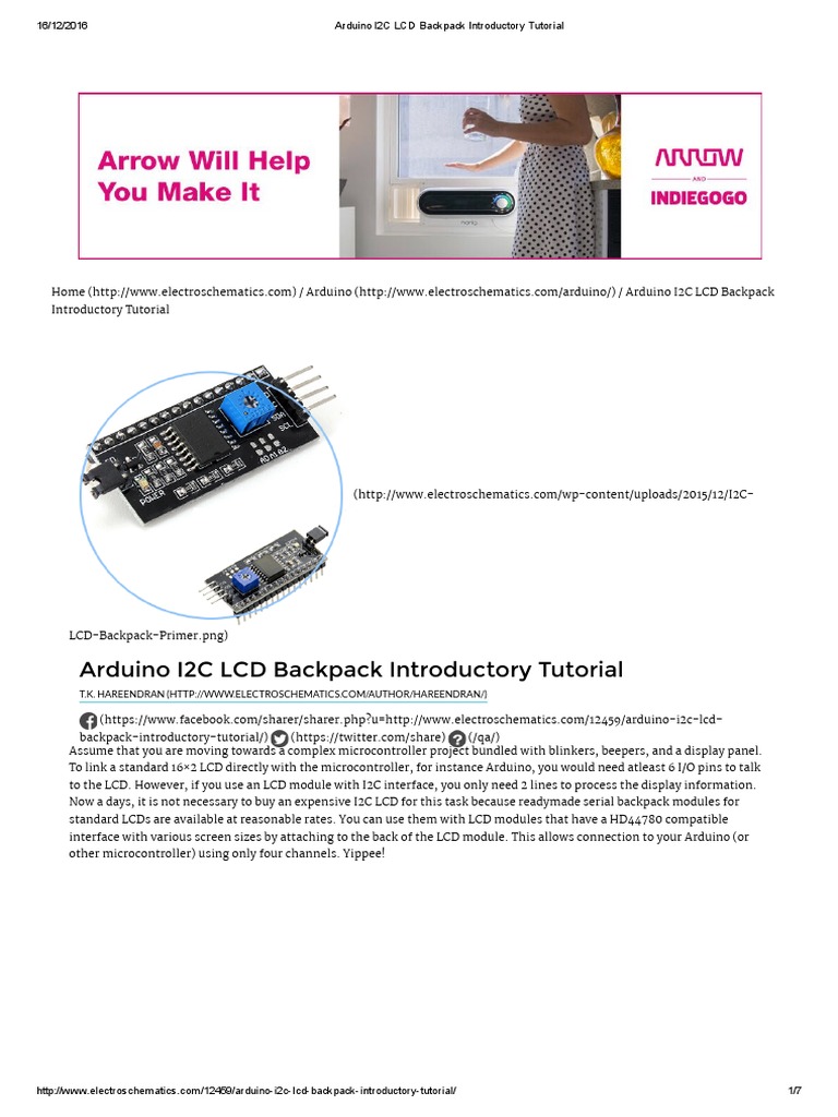 Arduino I2c Lcd Backpack Introductory Tutorial Pdf Arduino Electronic Engineering 