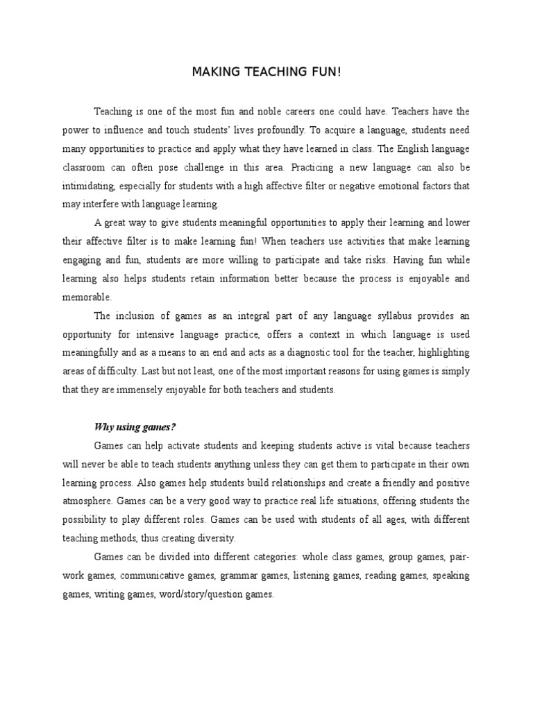 Making Teaching Fun and Engaging | PDF | Reading (Process) | English As ...