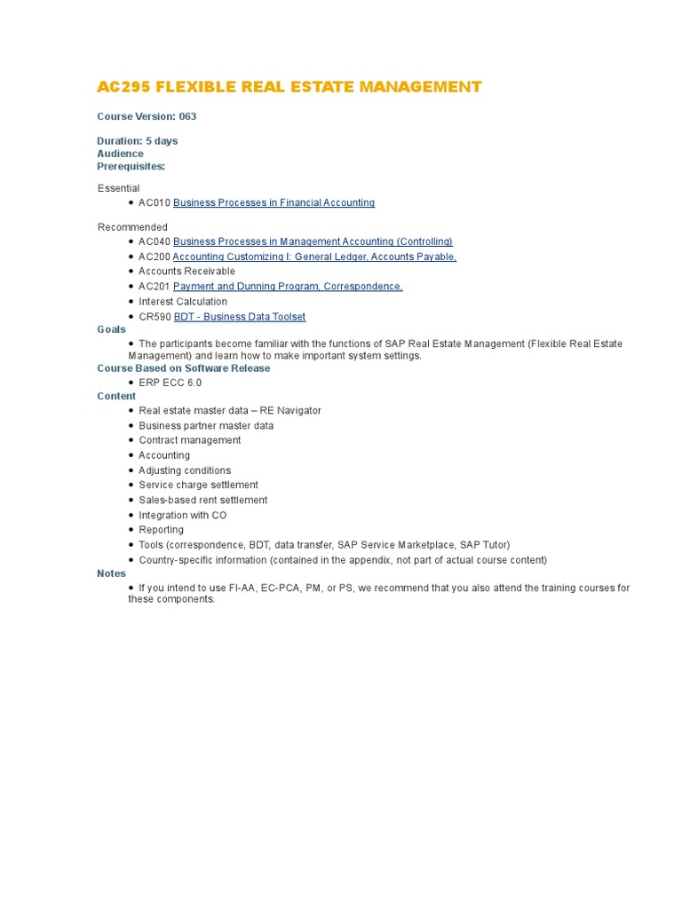Ac295 Flexible Real Estate Management: Course Version: 063 Duration: 5 ...