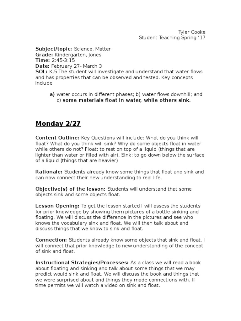 Kindergarten Sink and Float Lesson Plan | PDF | Understanding | Water