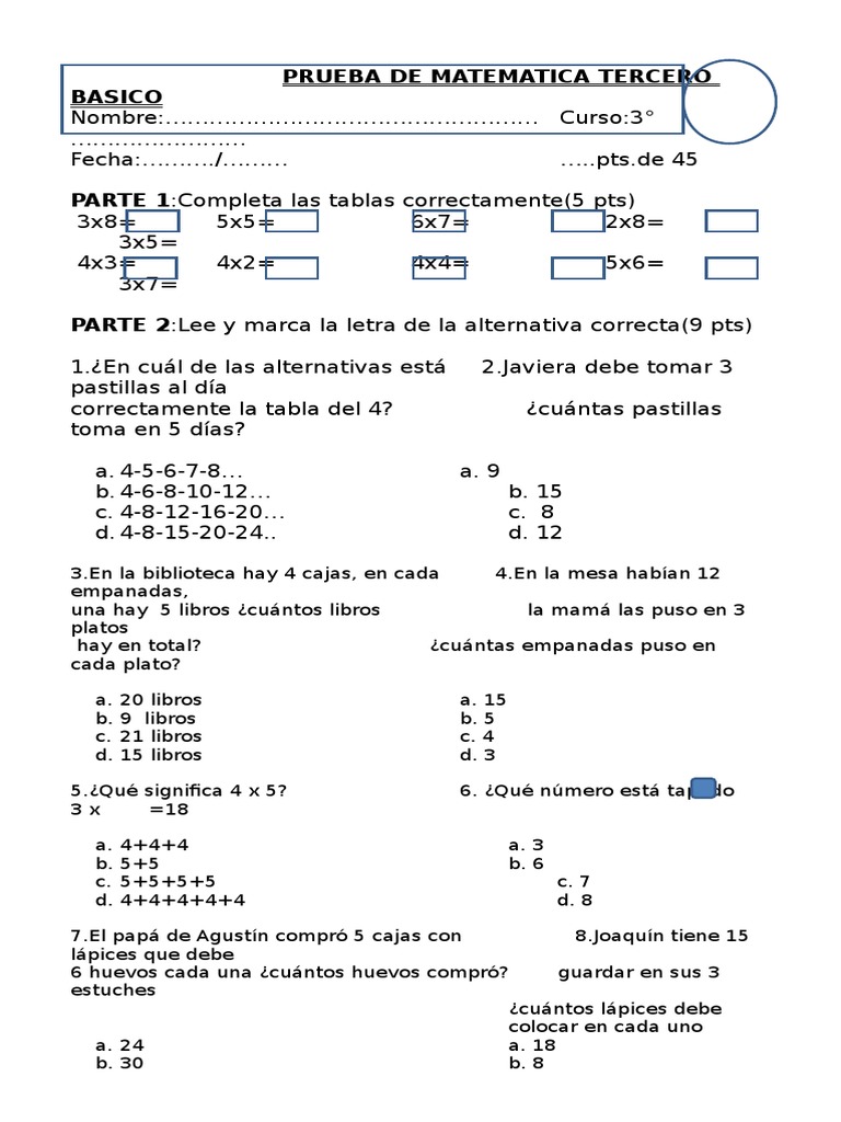 Prueba de Divisiones 3° Básico | PDF | Cocina, comidas y vino | Métodos ...