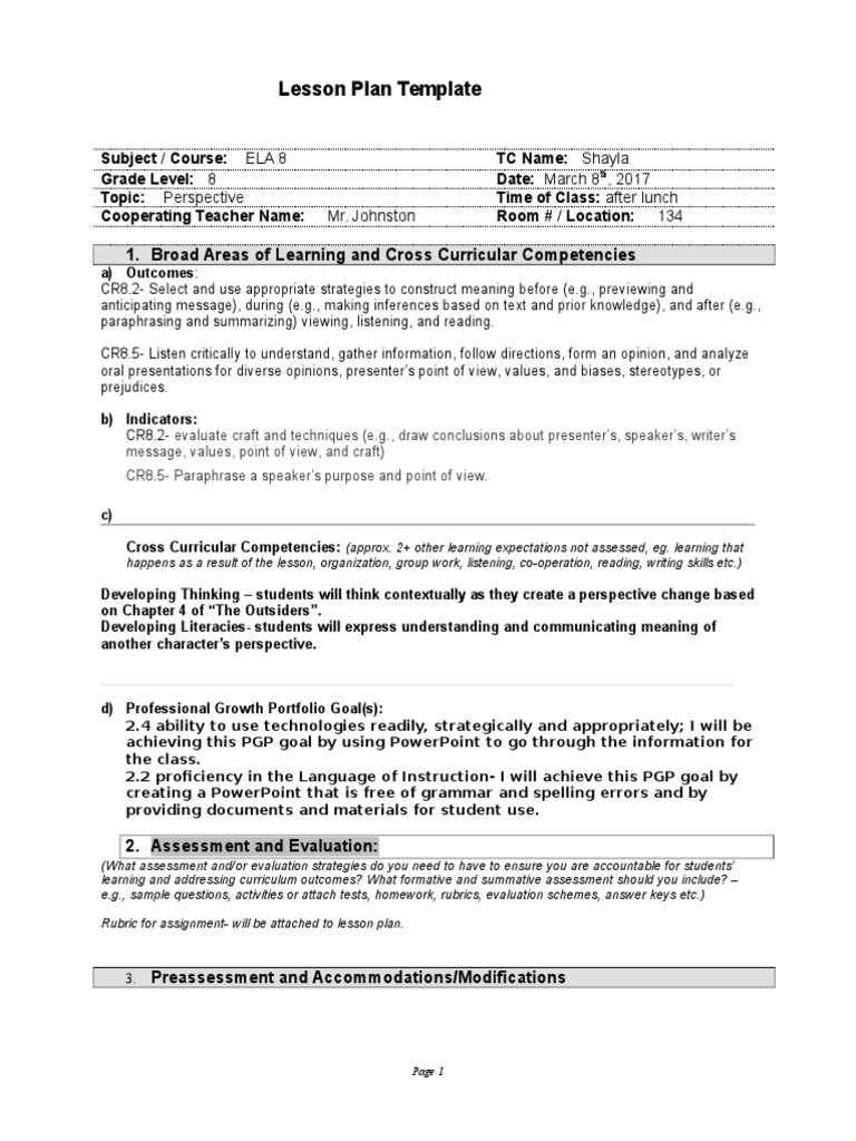 Lesson Plan Template: 1. Broad Areas of Learning and Cross Curricular ...