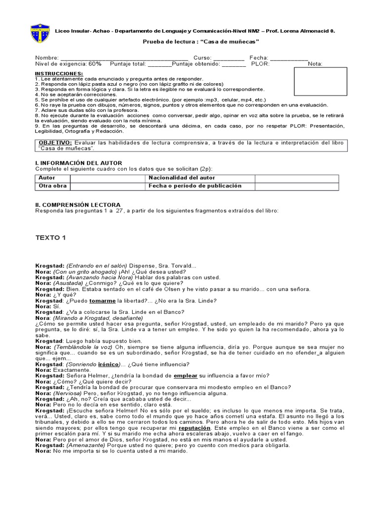 Prueba de Lectura Casa de Muñecas | PDF | Lectura (proceso ...