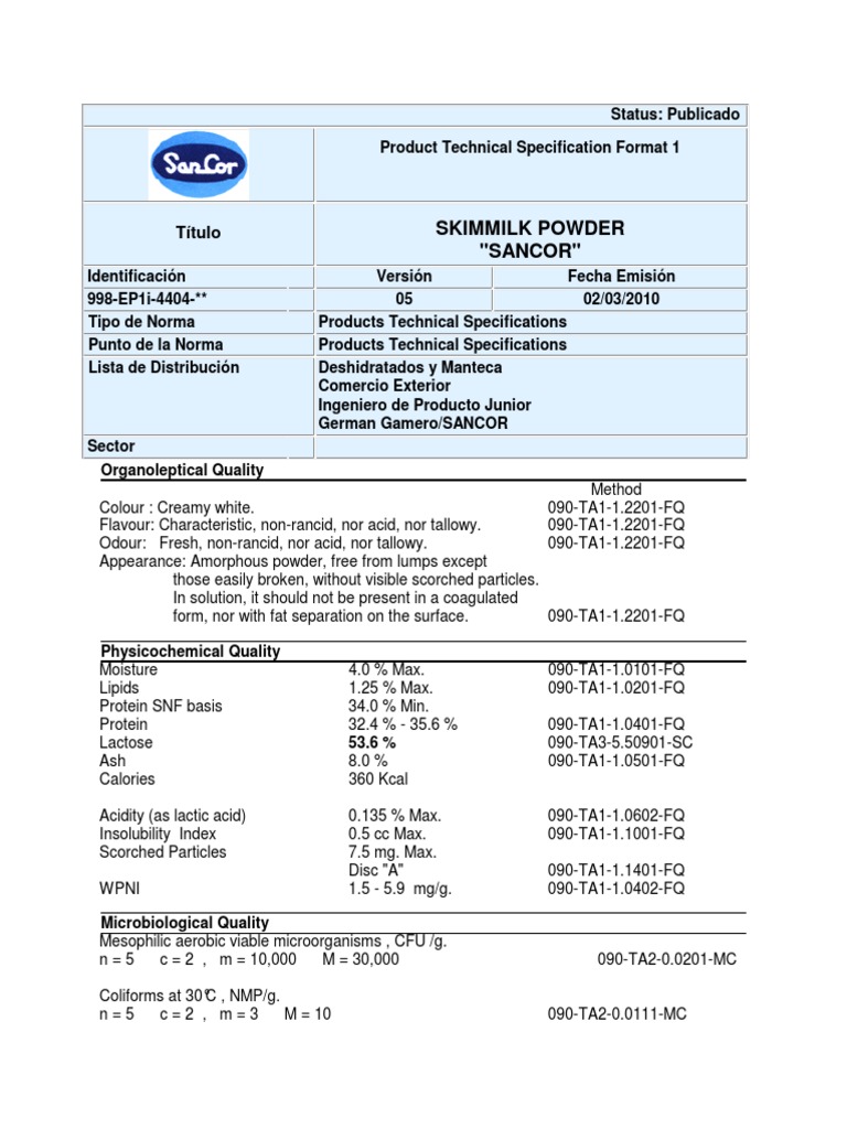 Sancor Skim Milk Powder Specs | PDF | Chemistry | Food And Drink