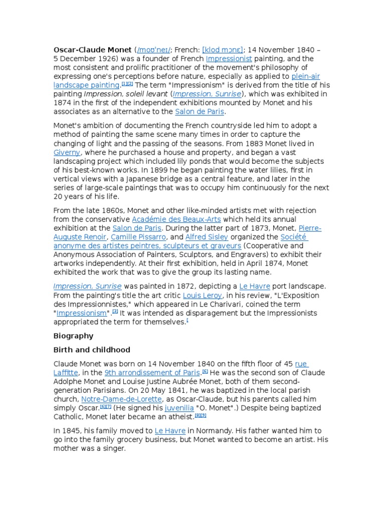 Biography Claude Monet | PDF | Claude Monet | Impressionism