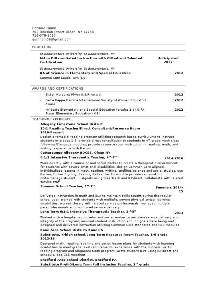 Corinne Quinn Resume 2016 | PDF | Individualized Education Program | Teachers