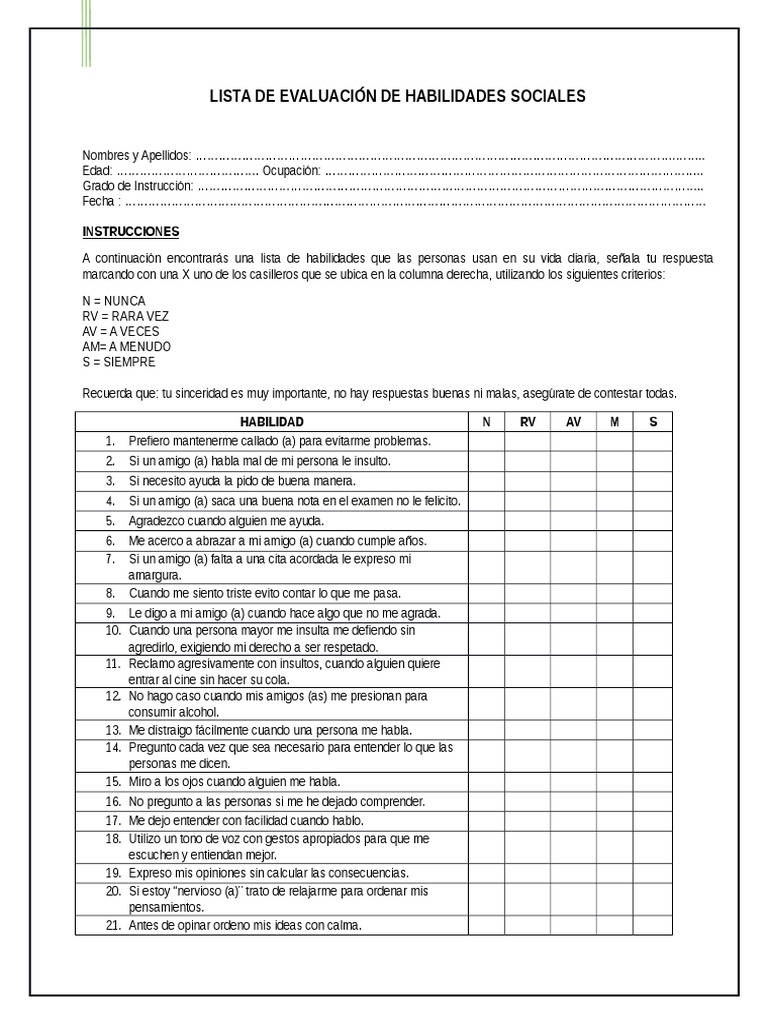 Lista de Evaluación de Habilidades Sociales - Ism Honorio Delgado ...