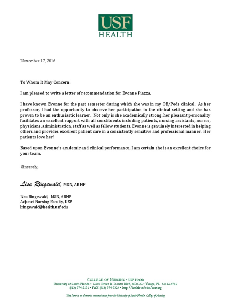 Usf Evonne Reference On Letterhead | PDF