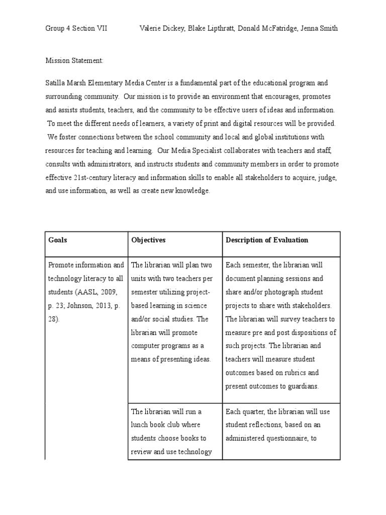 Satilla Marsh Elementary Media Center Plan | PDF | Librarian | Literacy