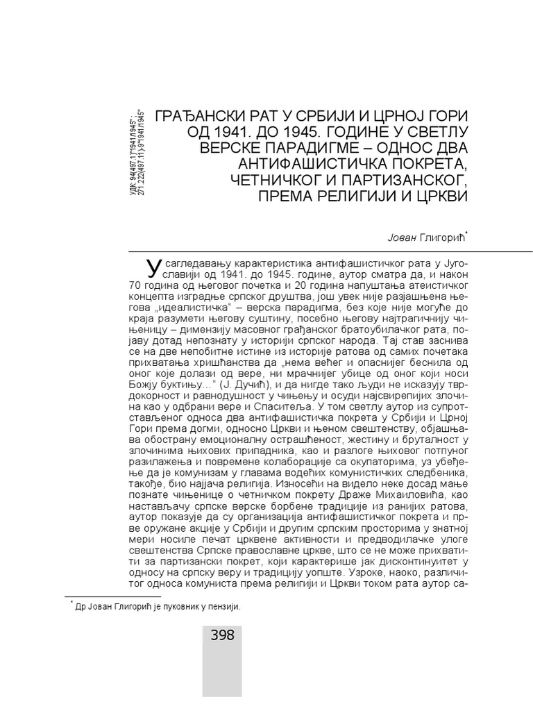 Gradjanski Rat U Srbiji I Crnoj Gori Od 1941. Do 1945. Godine U Svetlu ...