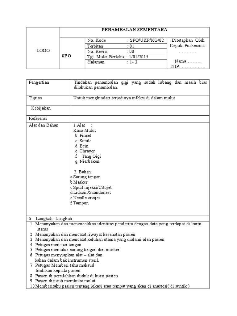 Sop Penambalan Gigi | PDF