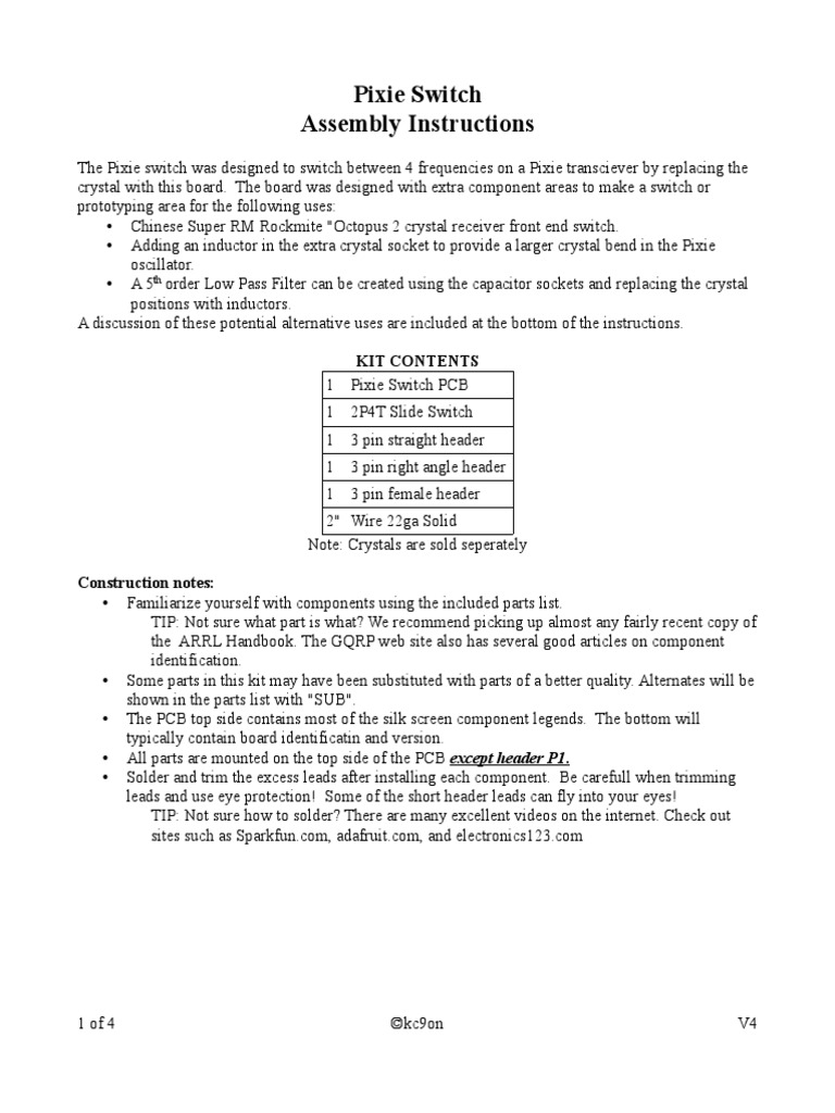 Pixie Switch QRP XTAL Selector Manual | PDF | Printed Circuit Board ...