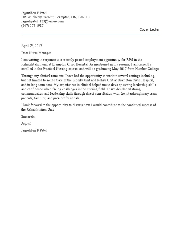 RPN Cover Letter for Brampton Civic Hospital | PDF