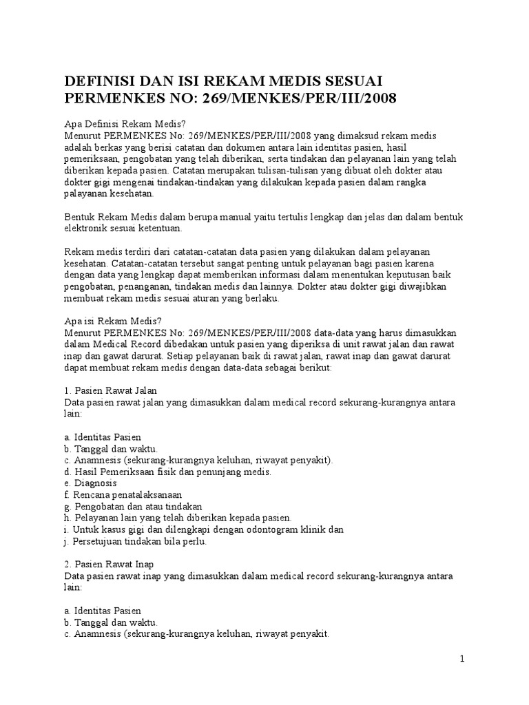 Definisi Dan Isi Rekam Medis Sesuai Permenkes No | PDF