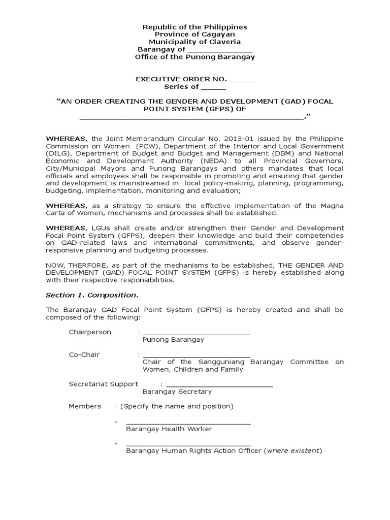 GAD FPS Executive Order Sample | PDF | Gender And Development | Gender