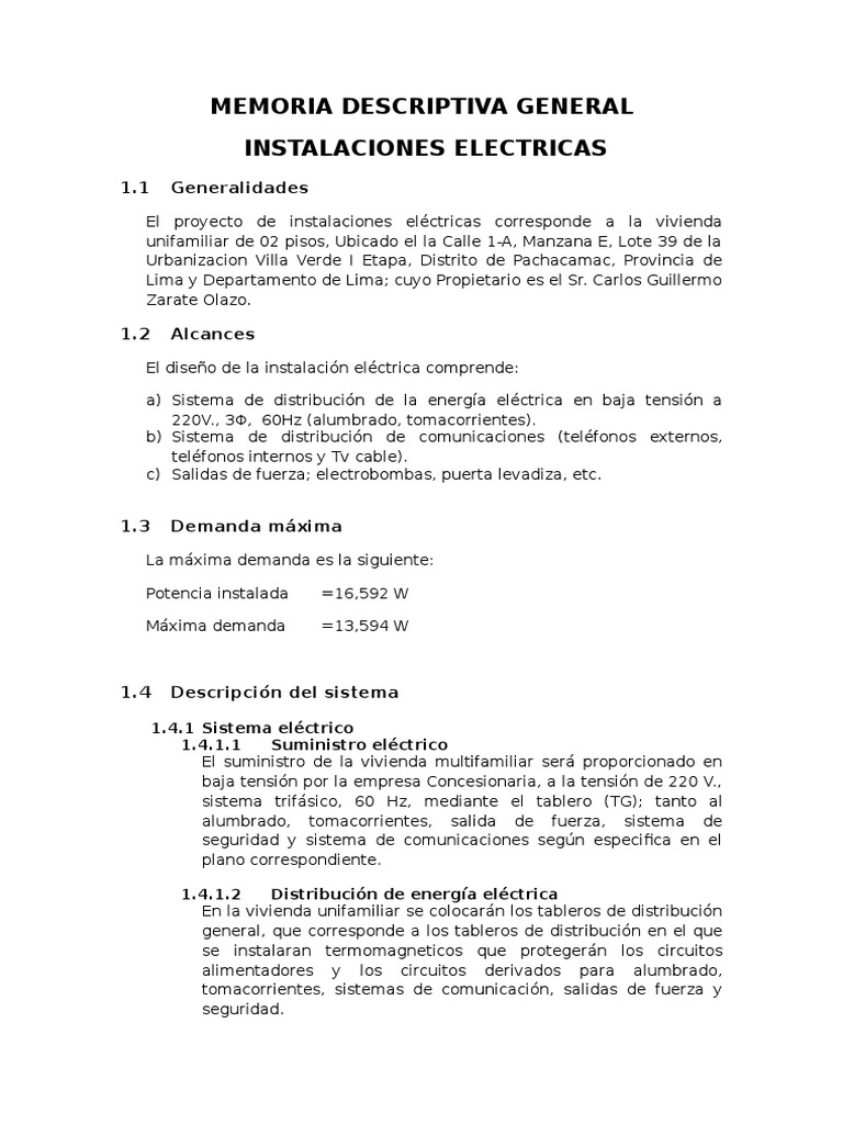 Memoria Descriptiva General Instalaciones Electricas-Pachacamac | PDF | Enchufes y tomas de ...