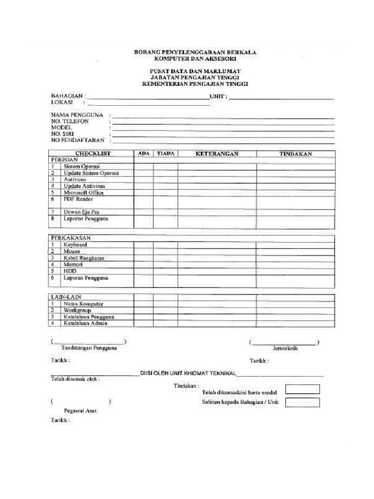 Borang Penyelenggaraan Dan Senarai Semak Komputer | PDF