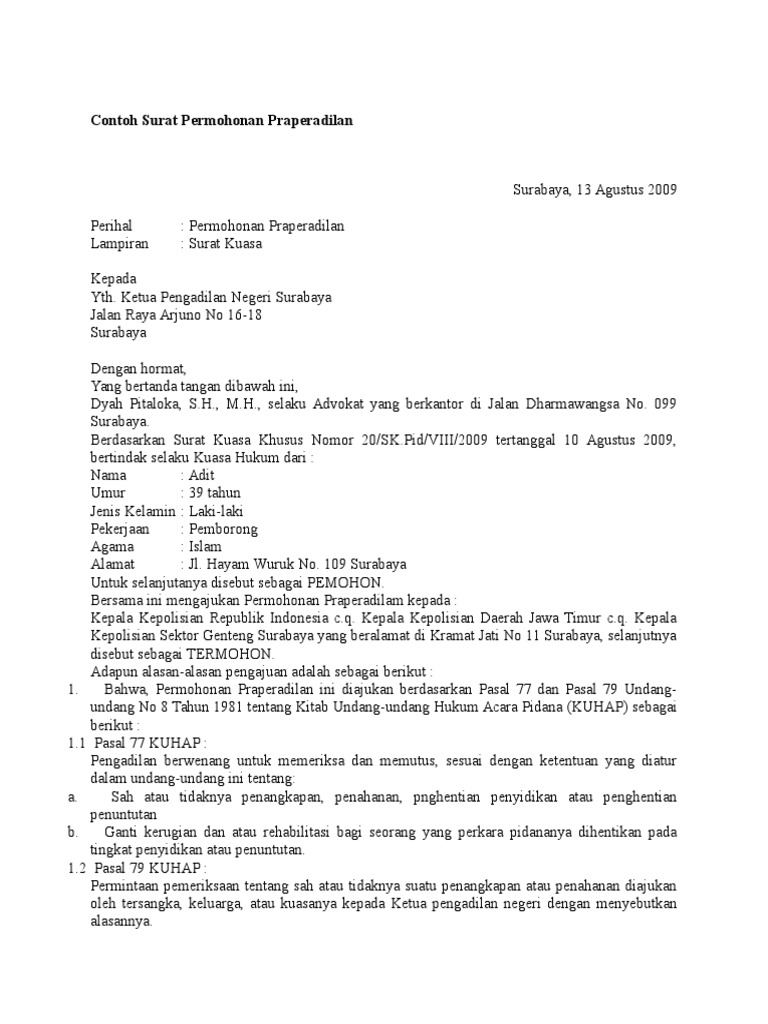 Contoh Surat Permohonan Praperadilan
