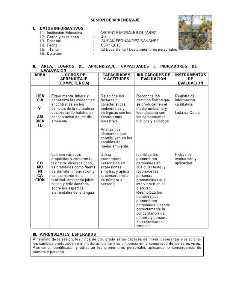 Sesi N de Aprendizaje Ecosistema - Pronombres Personales 2012 | PDF | Ecosistema | Verbo