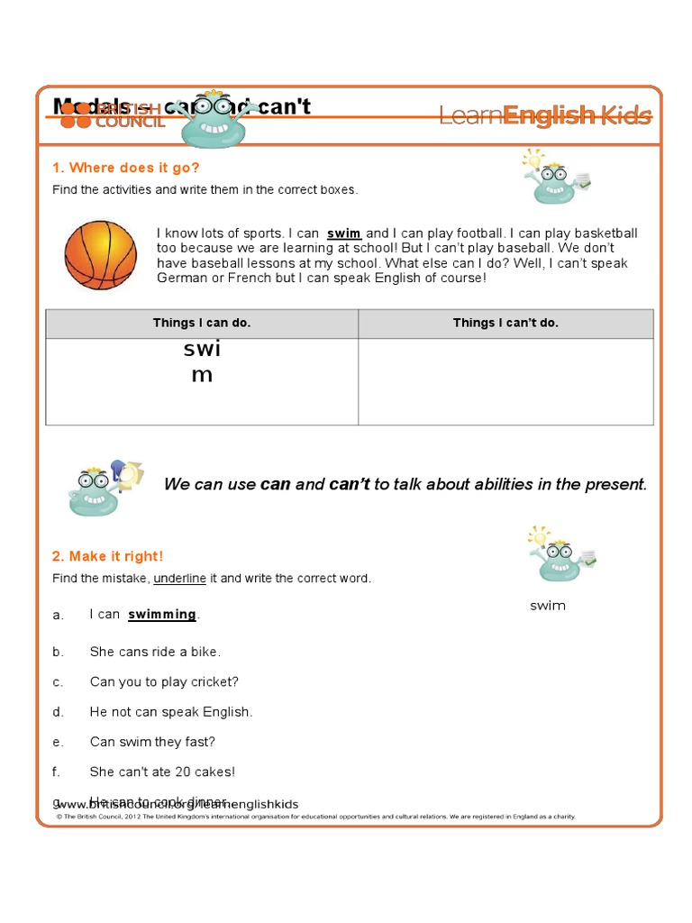 Grammar Games Modals Can and Cant Worksheet | PDF