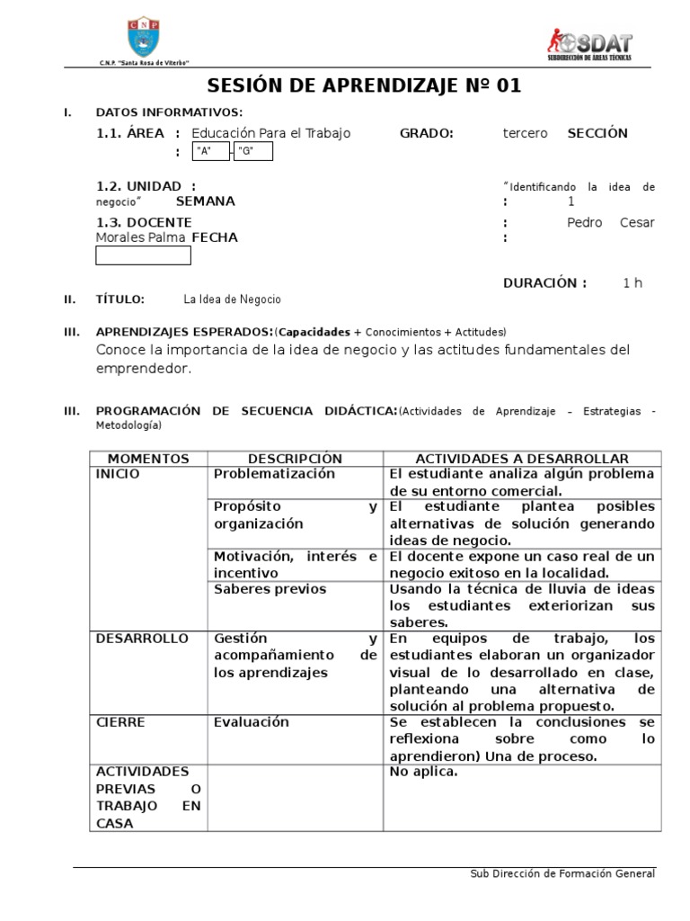 Sesión de Aprendizaje EPT | PDF | Enseñando | Aprendizaje