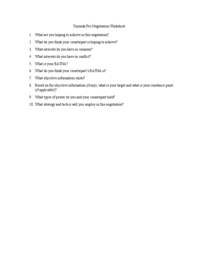 Toyonda Pre-Negotiation Worksheet | PDF