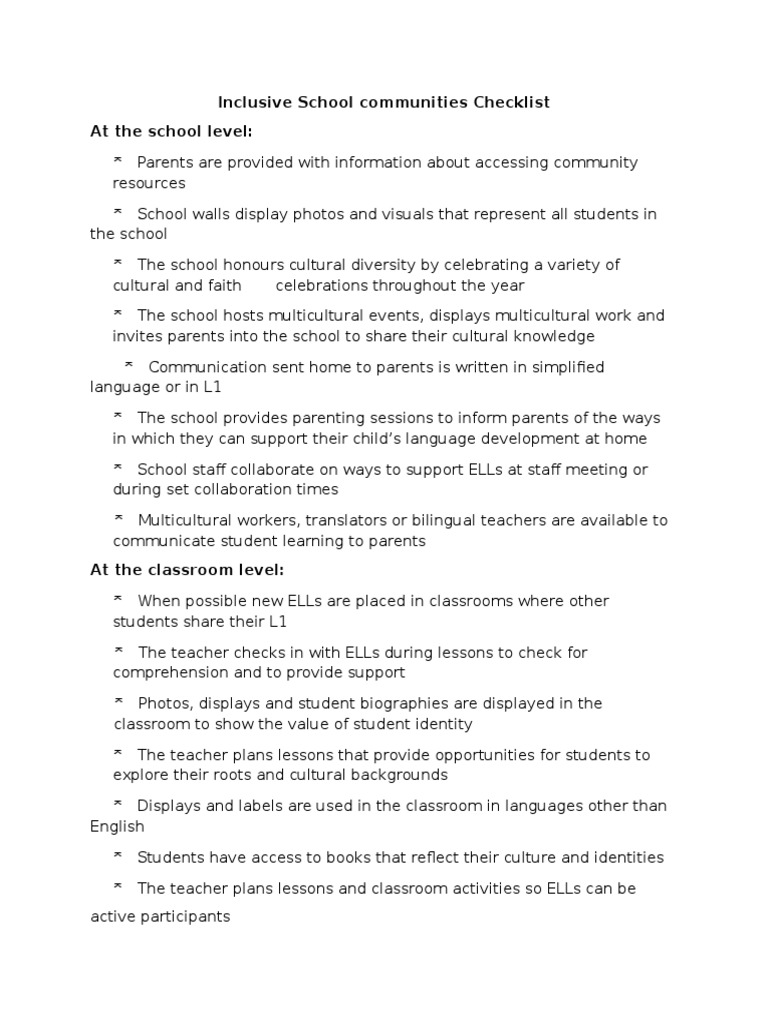 Inclusive School Checklist 2 | PDF