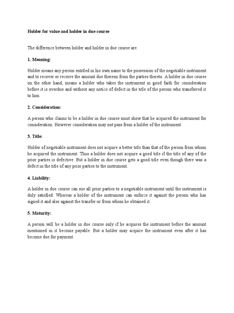 Holder For Value and Holder in Due Course | PDF