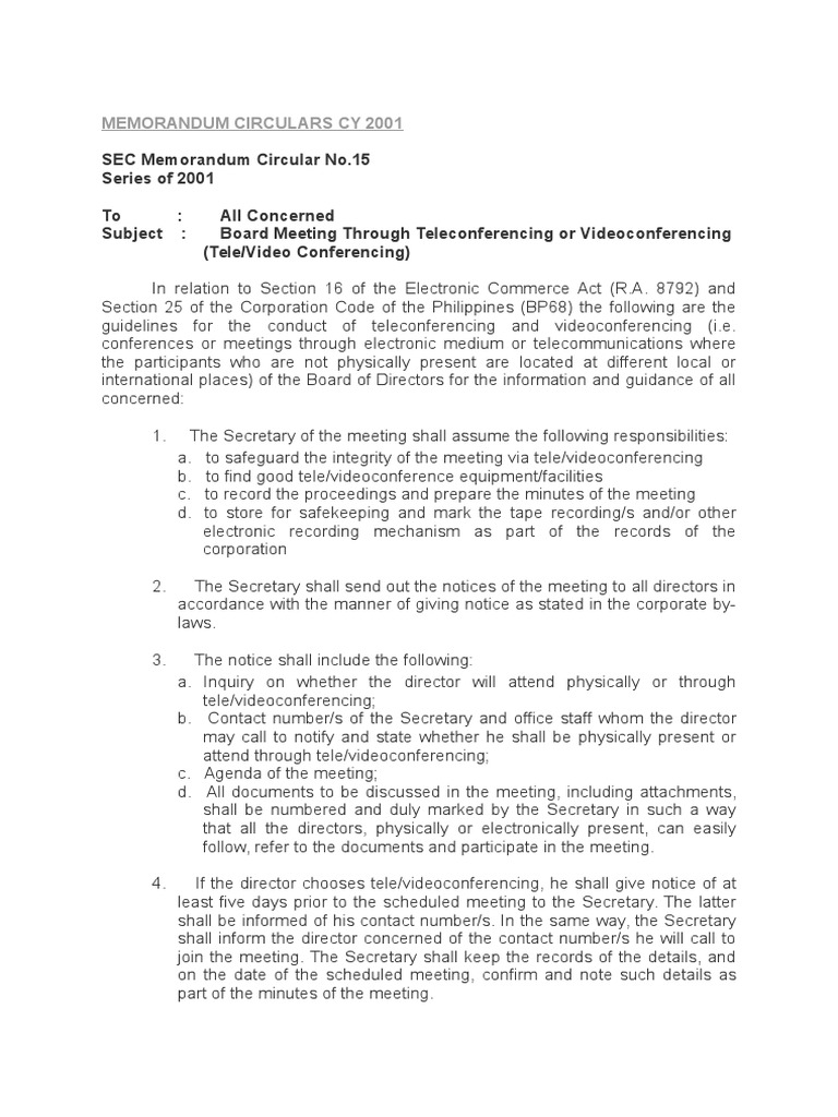 Board Meeting Through Teleconference - MEMORANDUM CIRCULARS CY 2001 | PDF | Videoconferencing ...