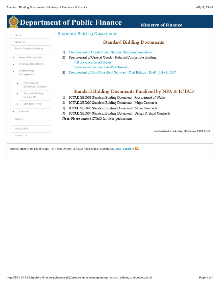Standard Bidding Documents - Ministry of Finance - Sri Lanka
