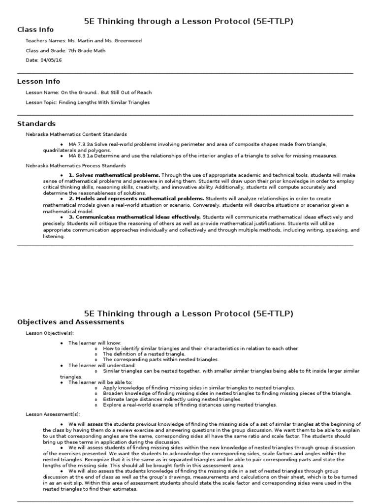 5E Thinking Through A Lesson Protocol (5E-TTLP) : Class Info | PDF ...