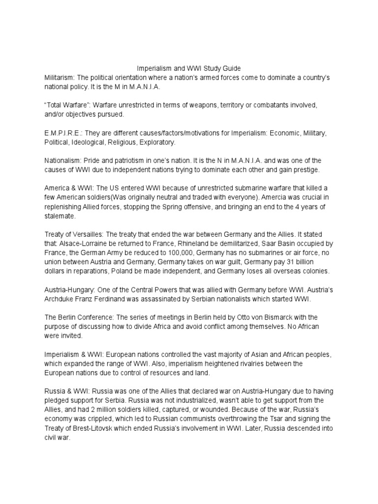 WW1 Study Guide | PDF | World War I | German Empire