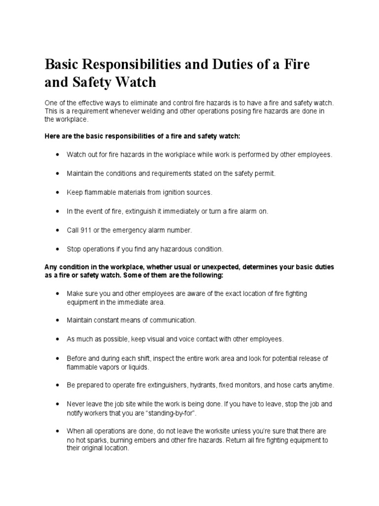 Basic Responsibilities and Duties of A Fire and Safety Watch | PDF ...