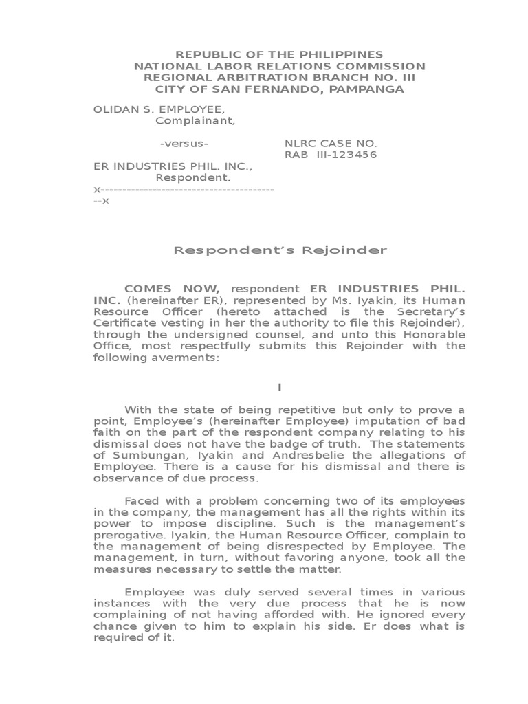 NLRC Rejoinder Response Dismissal Complaint | PDF | Employment | Justice
