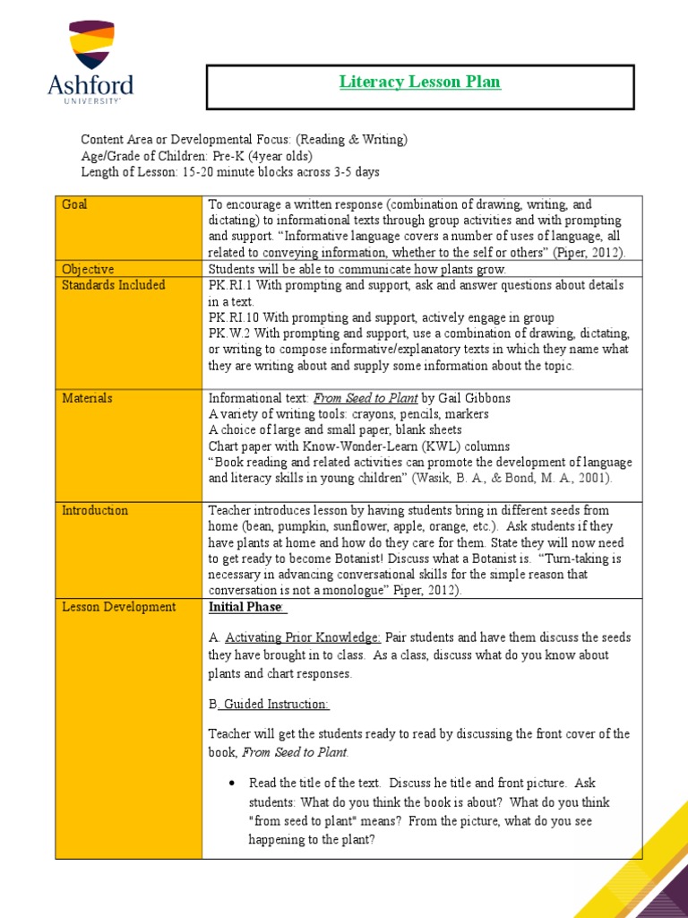 Literacy Lesson Plan: Initial Phase | PDF | Lesson Plan | Educational ...