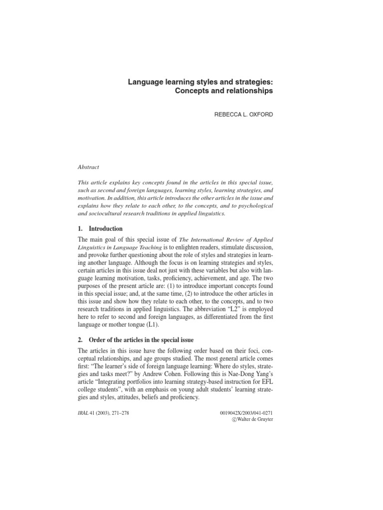 Language Learning Styles and Strategies Concepts and Relationships | PDF | Second Language ...