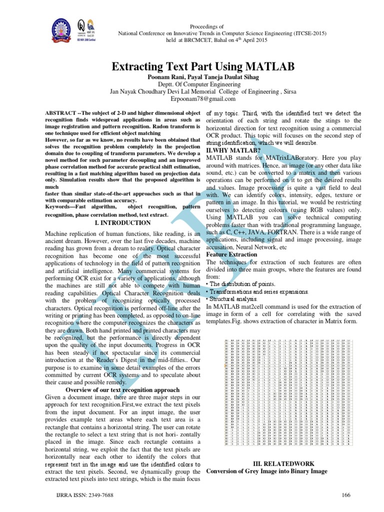 Extracting Text Part Using MATLAB: Poonam Rani, Payal Taneja Daulat ...