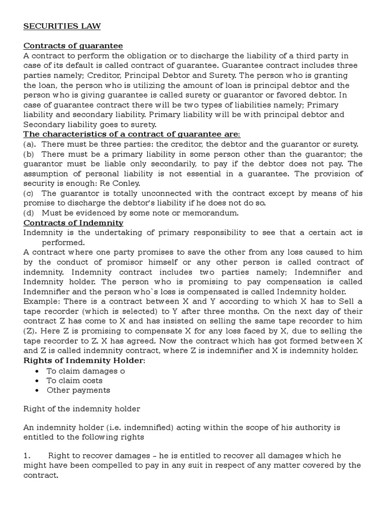 Securities Law Contracts of Guarantee | PDF | Guarantee | Indemnity