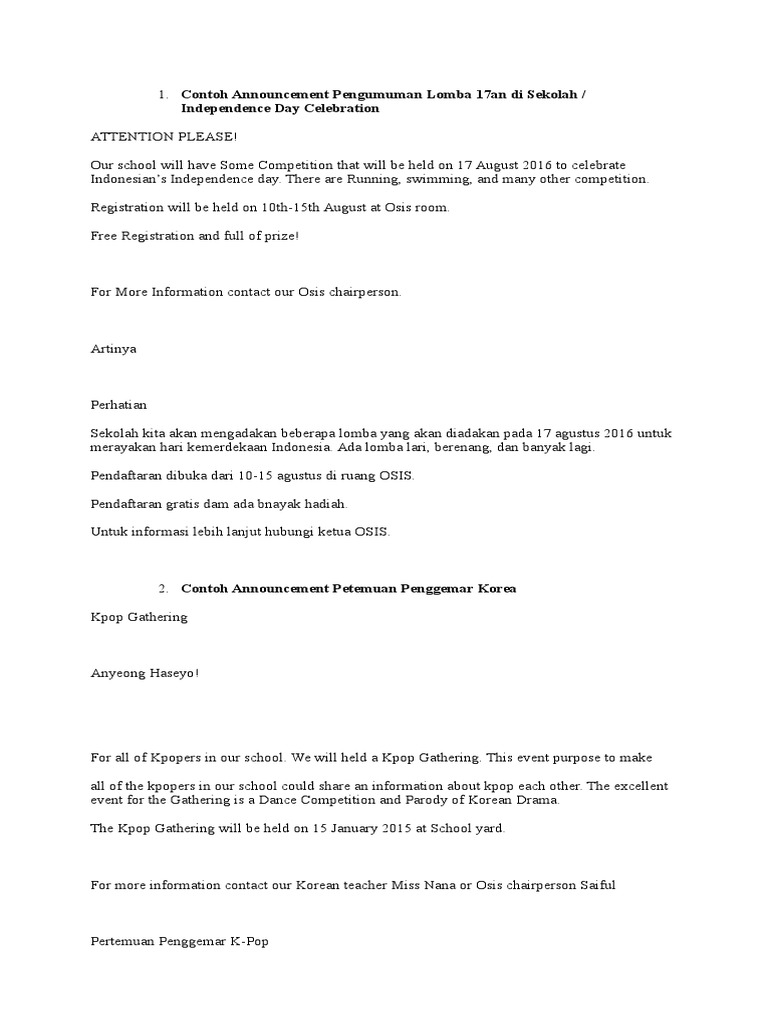 Contoh Announcement Pengumuman Lomba 17an Di Sekolah | PDF