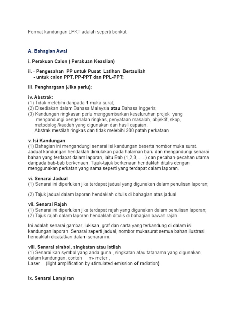 Format Kandungan LPKT Adalah Seperti Berikut | PDF