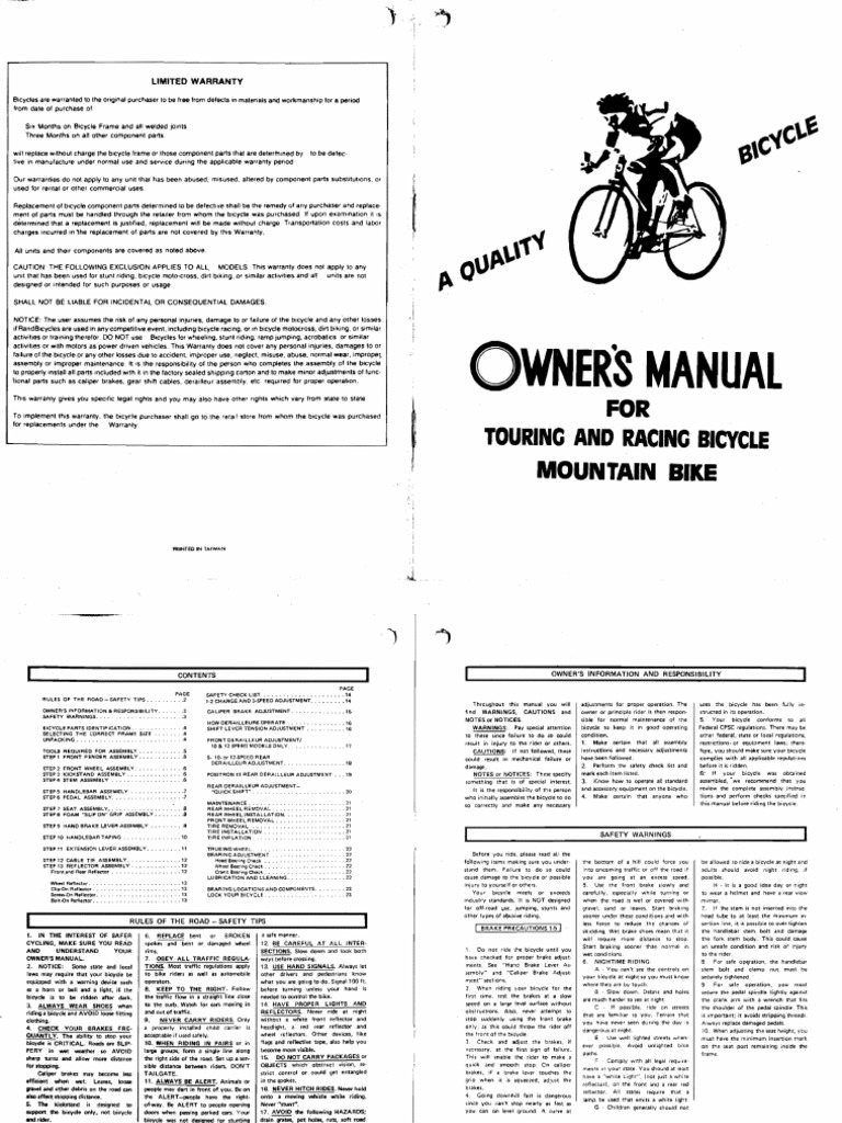 Quality Bicycle Owners Manual PDF | Download Free PDF | Road Vehicles ...