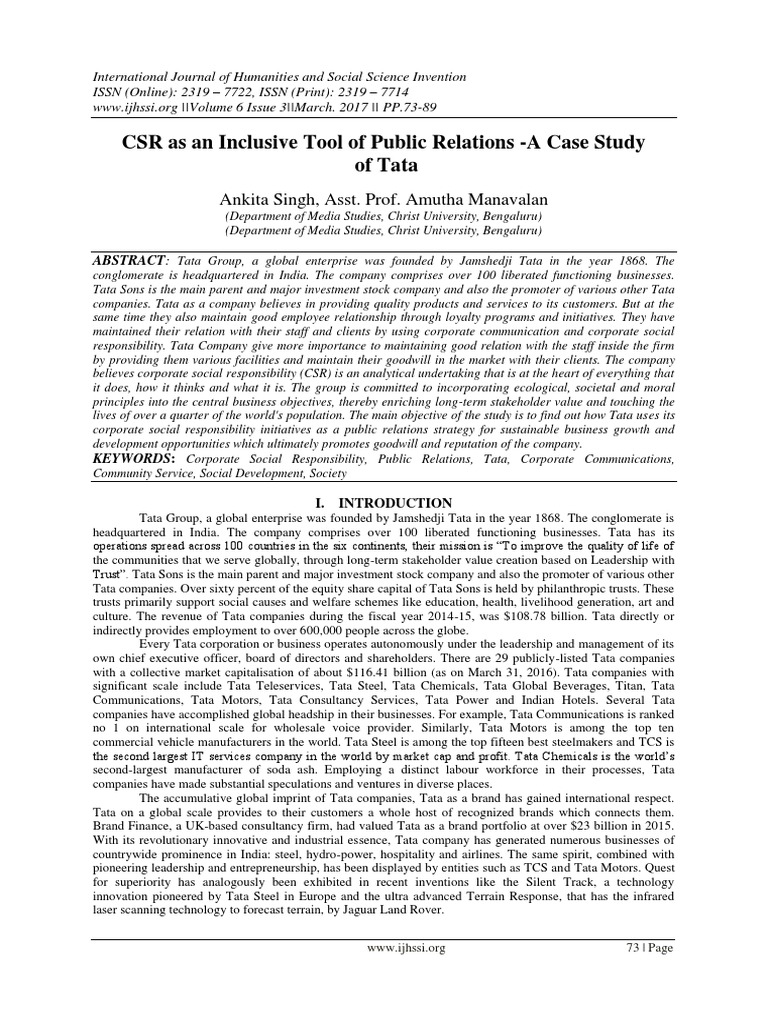 CSR As An Inclusive Tool of Public Relations - A Case Study of Tata ...